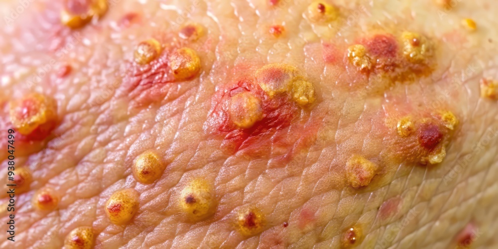 Close-up of skin lesions with golden crusts, red, swollen borders, and ...