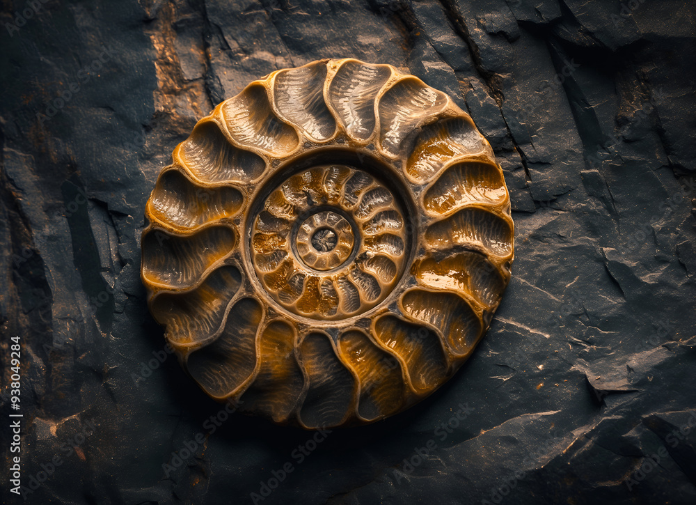 An intricate ammonite fossil rests on dark stone, displaying its ...