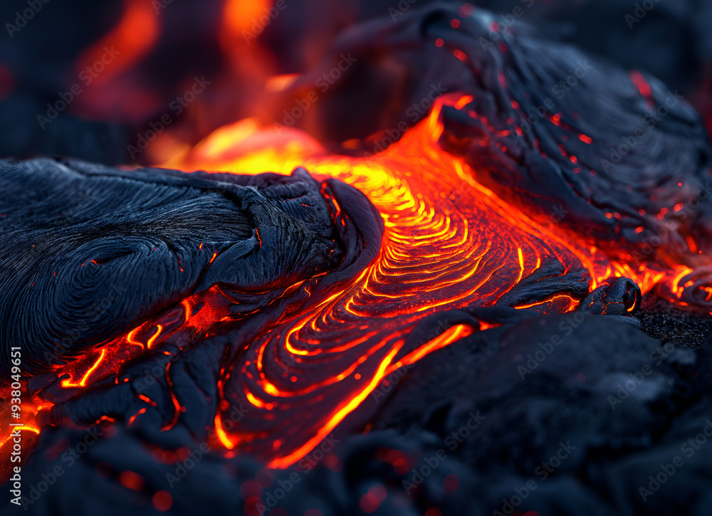Intense molten lava flows create detailed textures and vibrant colors ...