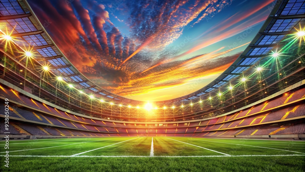 Vibrant digital illustration of a football stadium at sunset, with ...