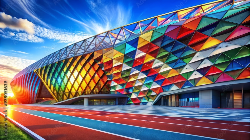 Vibrant geometric patterns adorn a sleek sports stadium, blending ...