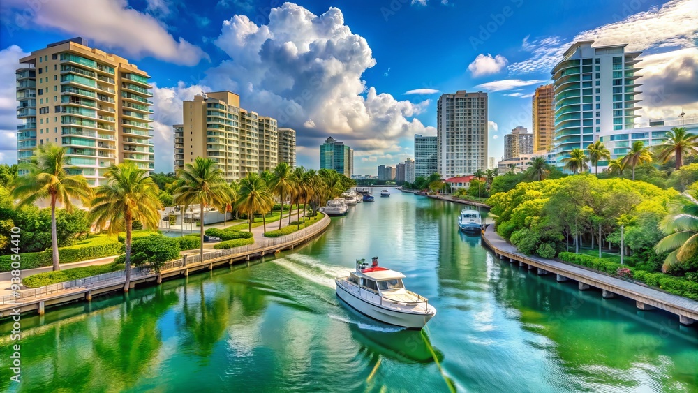 Vibrant Miami Beach scenery featuring a small chartered boat navigating ...