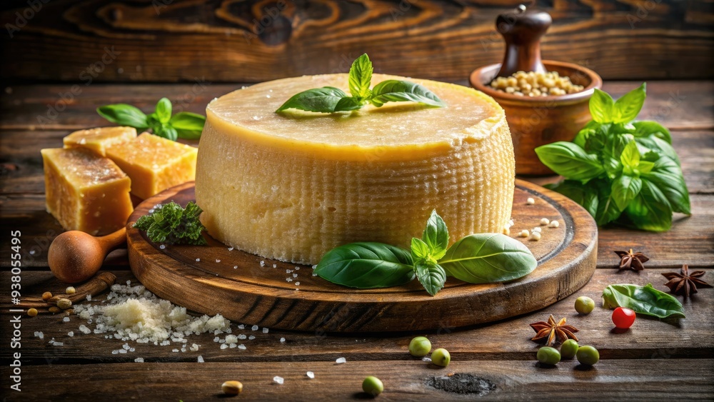 Aged to perfection, a large, golden-hued parmesan cheese wheel sits ...