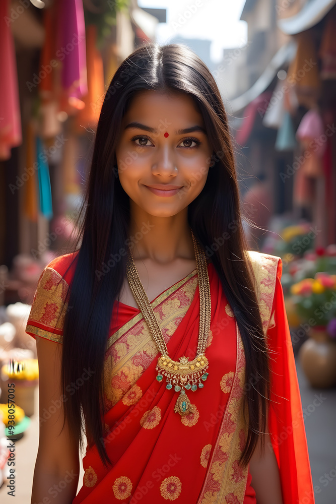 Beautiful Dark-Skinned Indian Woman in Traditional Red Saree with ...