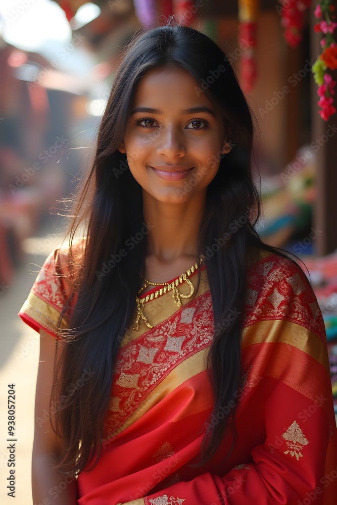 Beautiful Dark-Skinned Indian Woman in Traditional Red Saree with ...