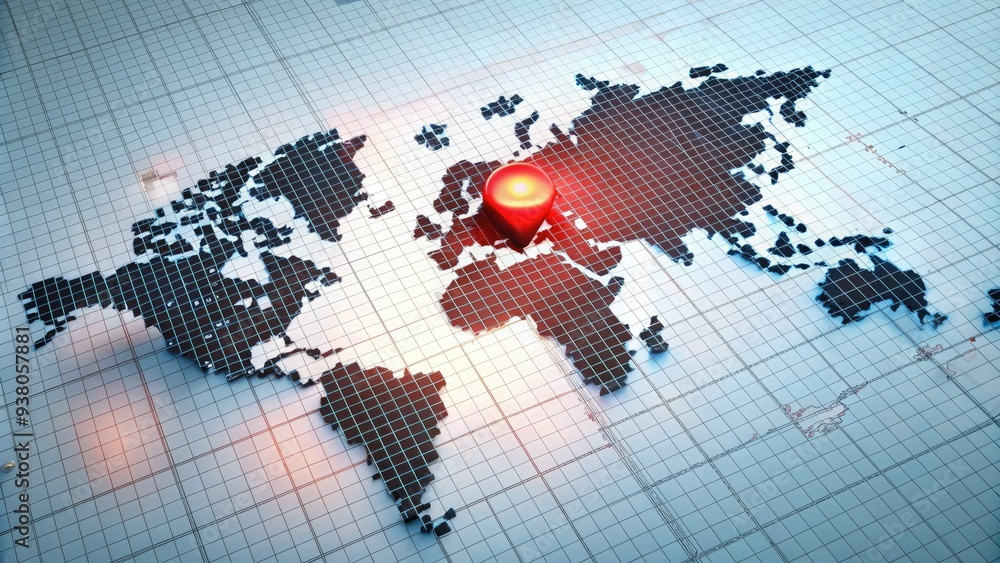 A glowing red pinpoint on a digital map marks a precise geographic ...