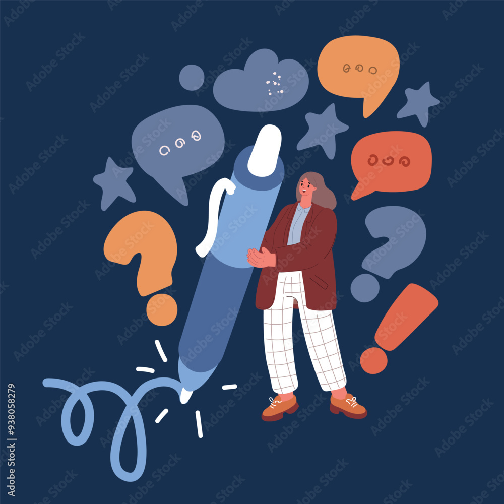Cartoon vector illustration of teacher taking some notes with a giant ...