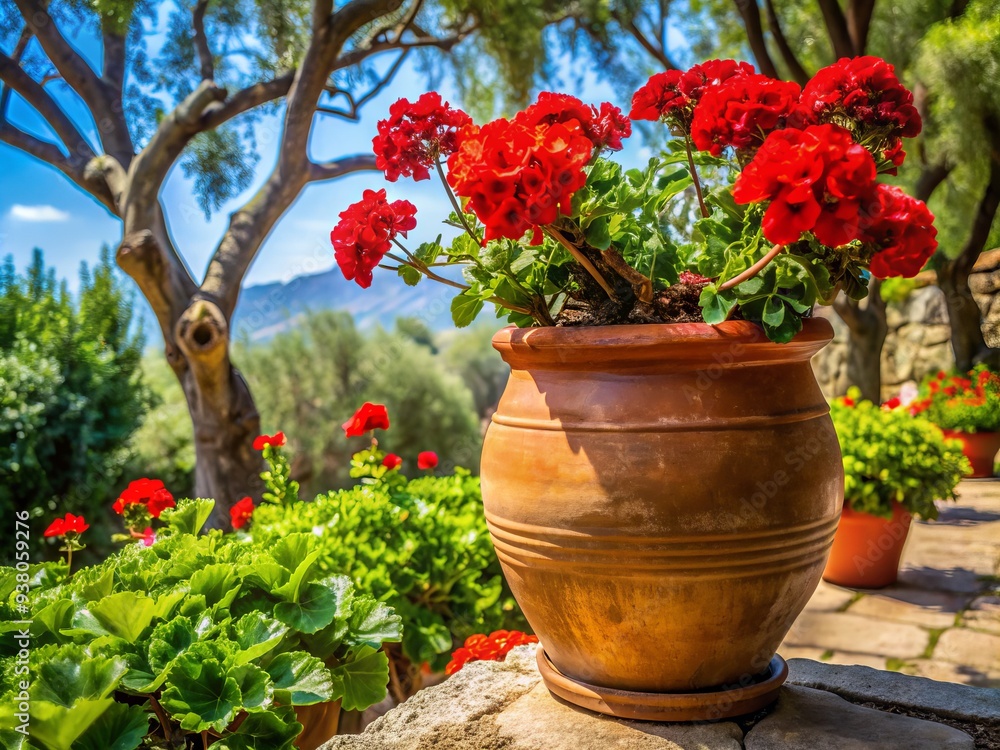 Vibrant red geraniums in a rustic terracotta jar adorn a sun-kissed ...