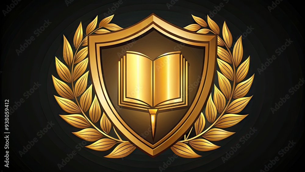 A gold shield crest with an open book at its center, surrounded by ...