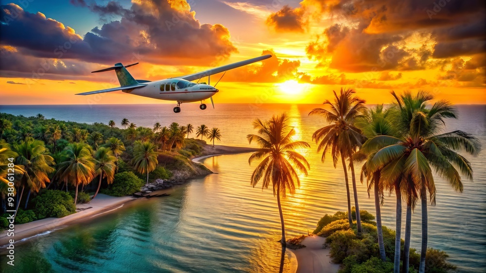 Vibrant sunset casting golden light on a small propeller plane soaring ...