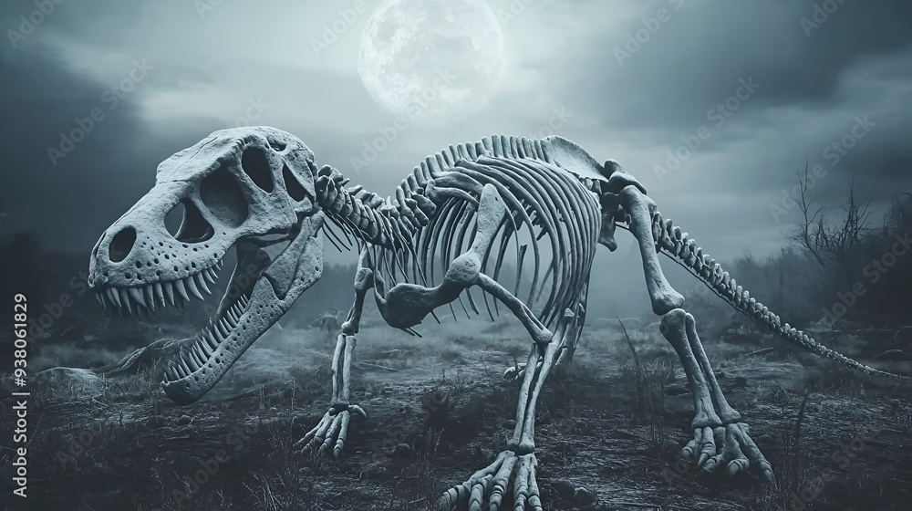 Dinosaur Skeleton Under a Full Moon - Dramatic and Evocative Image for ...