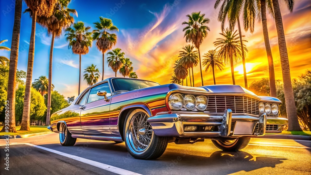 Vibrant, tricked-out lowrider cruises down a sun-kissed avenue ...