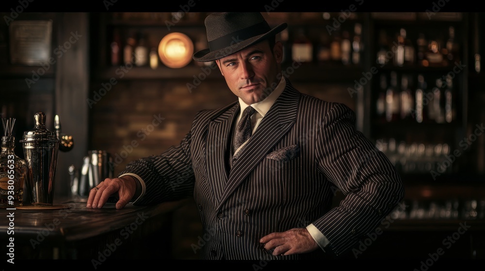 A sharply dressed gangster leans casually against the bar in a ...