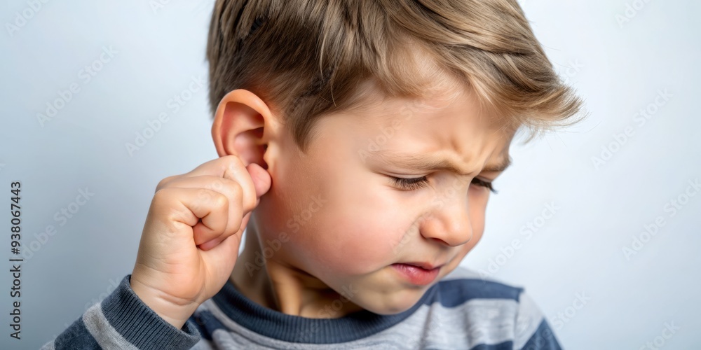 Young boy winces in discomfort, his small fingers probing his ear canal ...