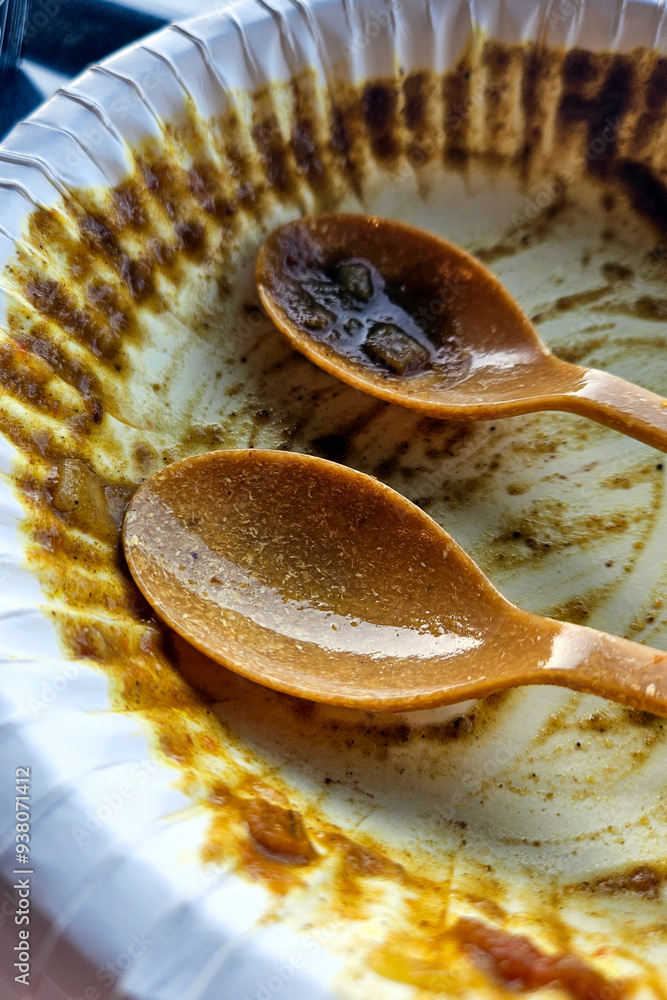 The table shows remnants of food and used utensils. Empty single-use ...