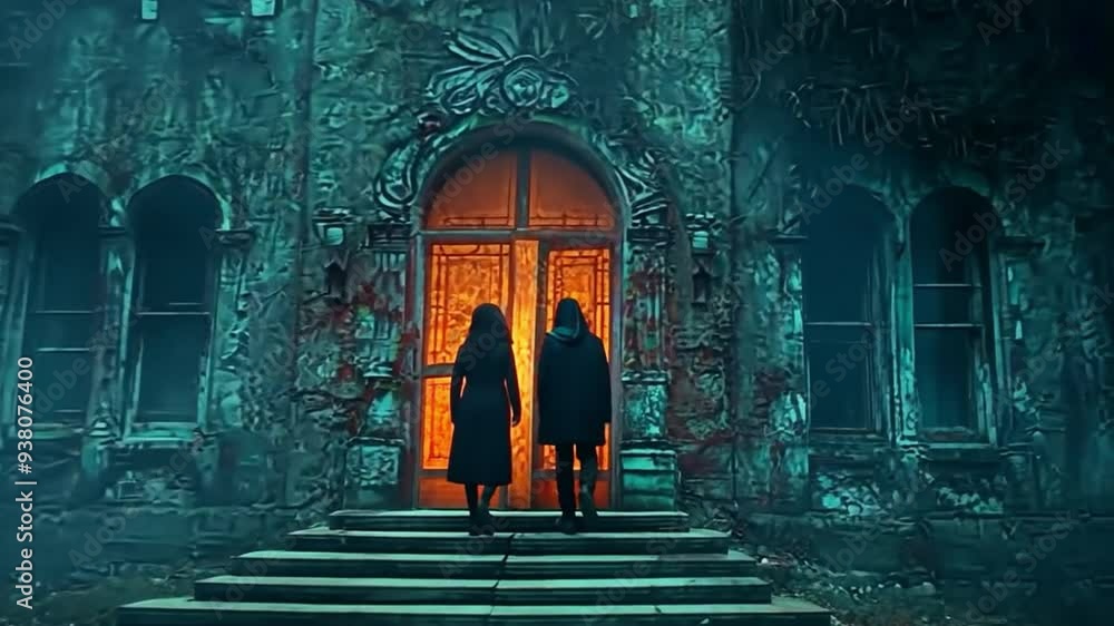 Standing in front of the haunted house's entrance are the witch and the ...