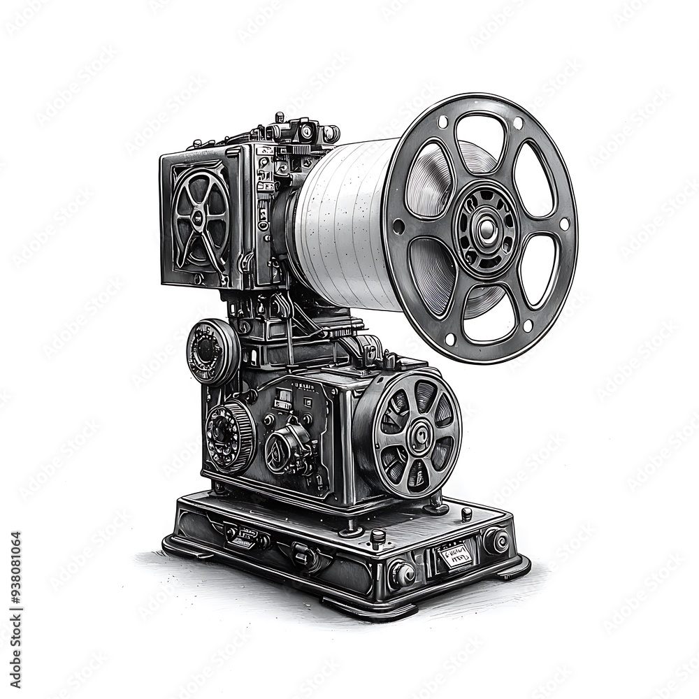 Vintage film projector in black and white illustration, capturing the ...