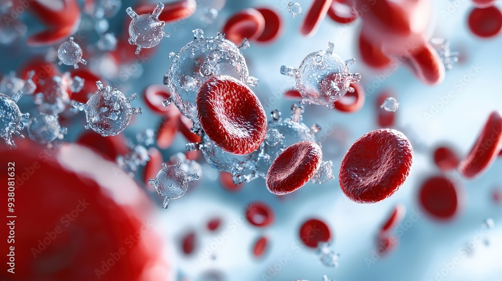 Detailed view of a blood smear under a microscope showing various types ...