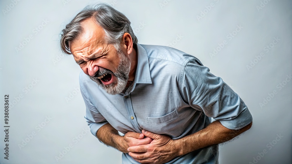 A middle-aged adult clutching his stomach in agony, wincing in ...