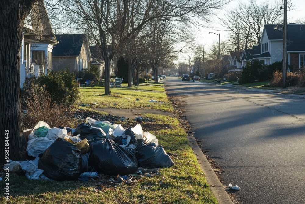 Piles of overflowing garbage bags line a quiet suburban street ...