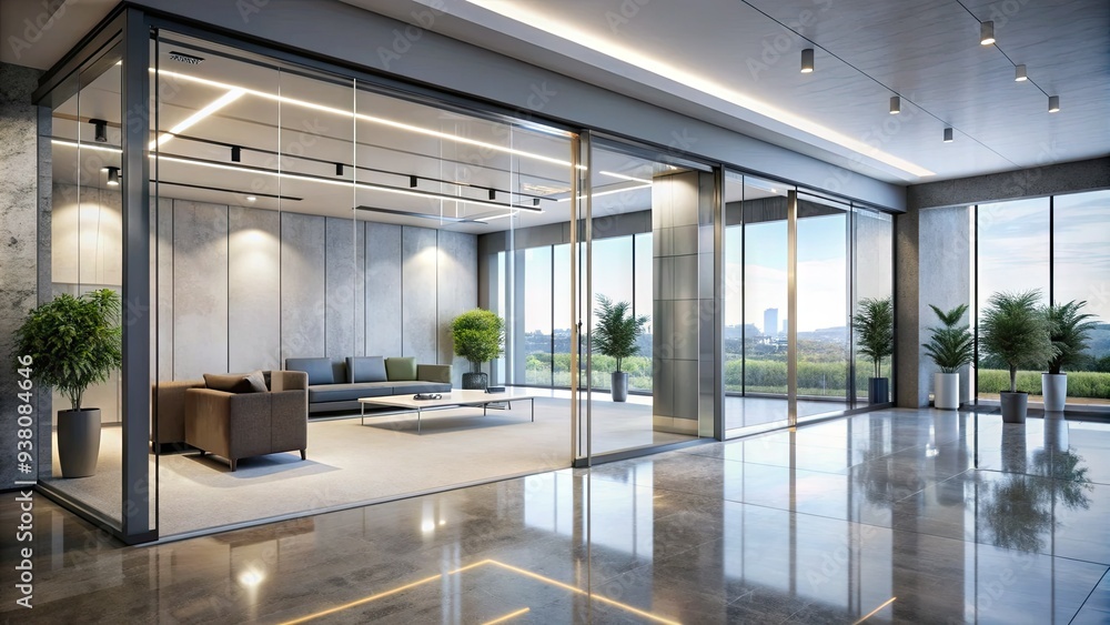 A modern automatic sliding glass door opens to a sleek, well-lit, and ...
