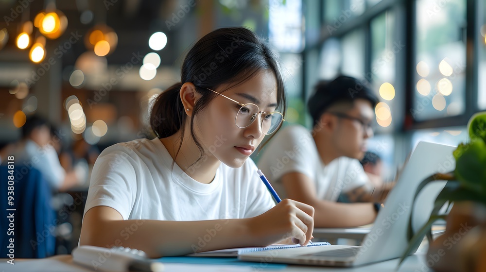 Busy smart young asian girl student marketing smm manager social media ...