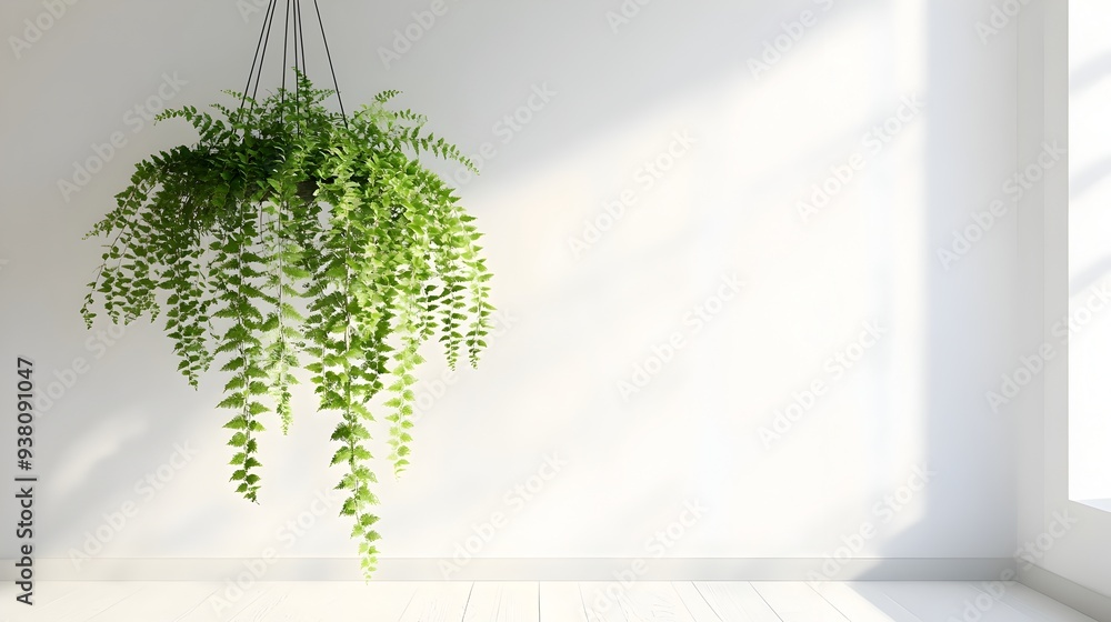 Elegant and lush hanging fern plant beautifully decorating a bright and ...