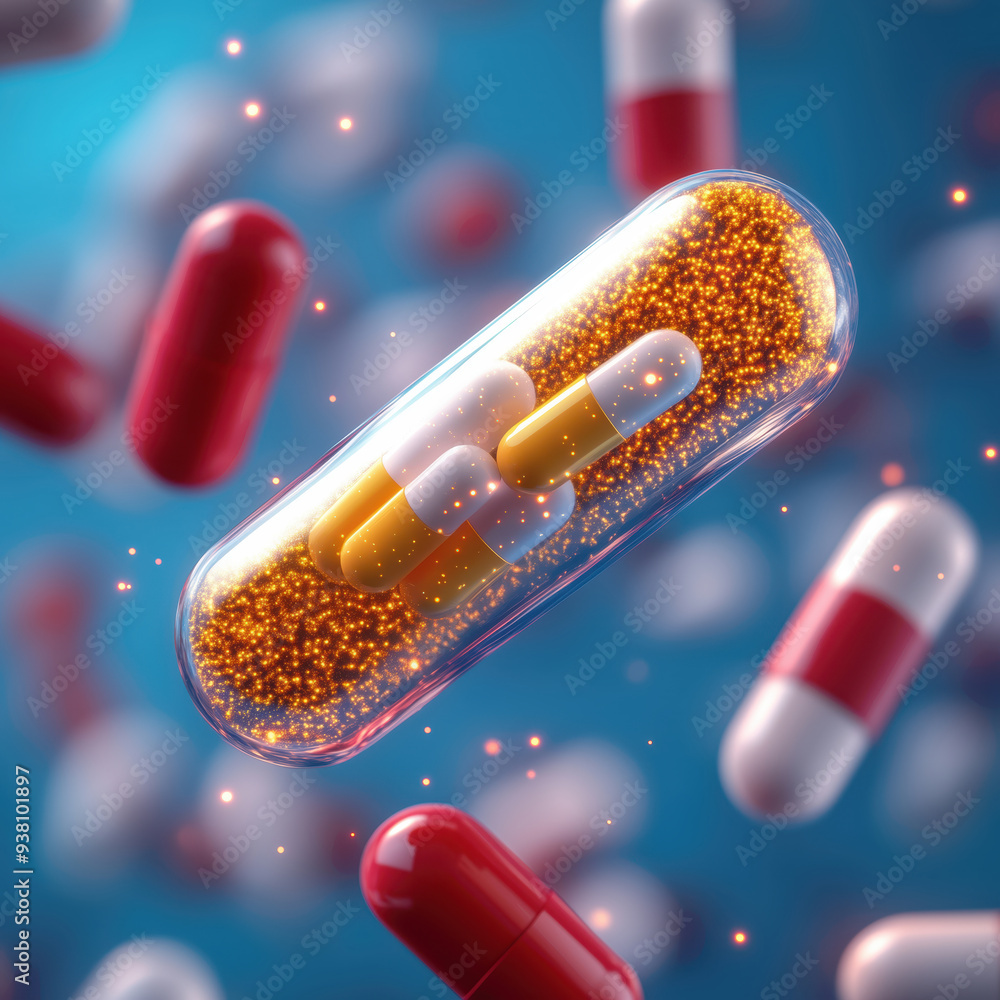 Futuristic macro of floating red and yellow capsules with glowing ...