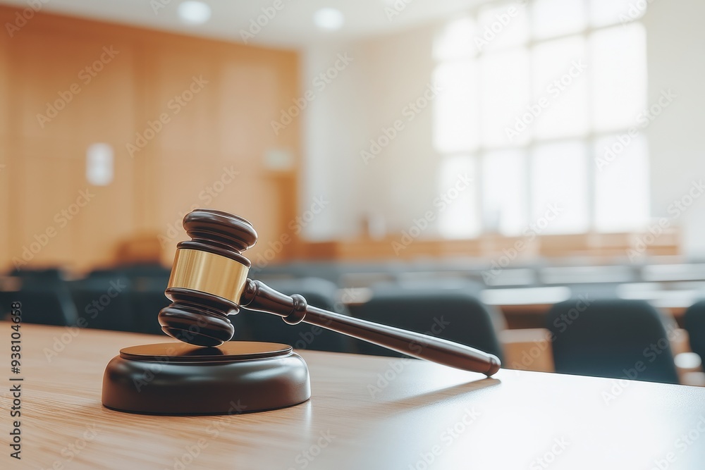 Judge's gavel placed on the bench next to a nameplate, with copy space ...