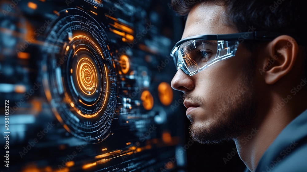 A side profile of an engineer intensely focused on a glowing 3D ...