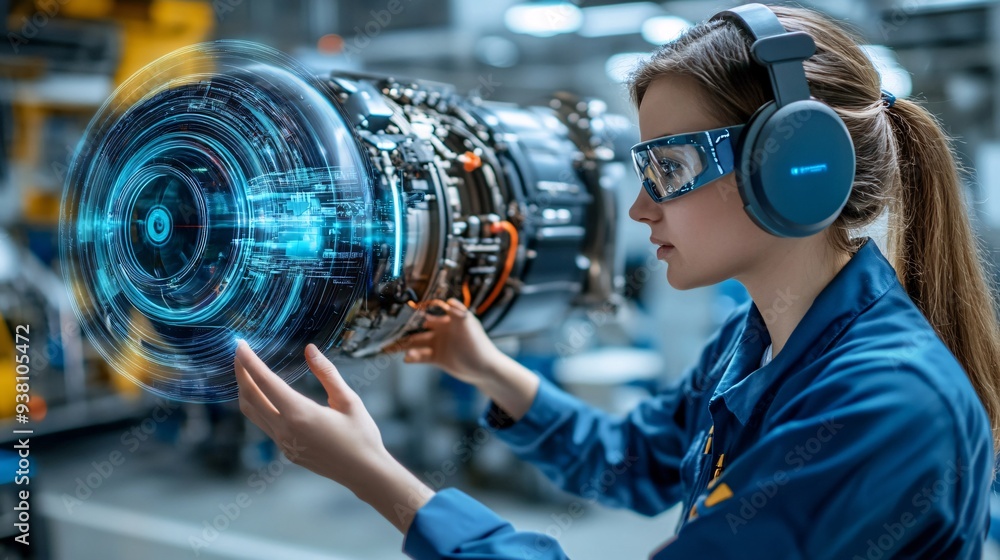 An engineer collaborating with a colleague in front of a 3D holographic ...
