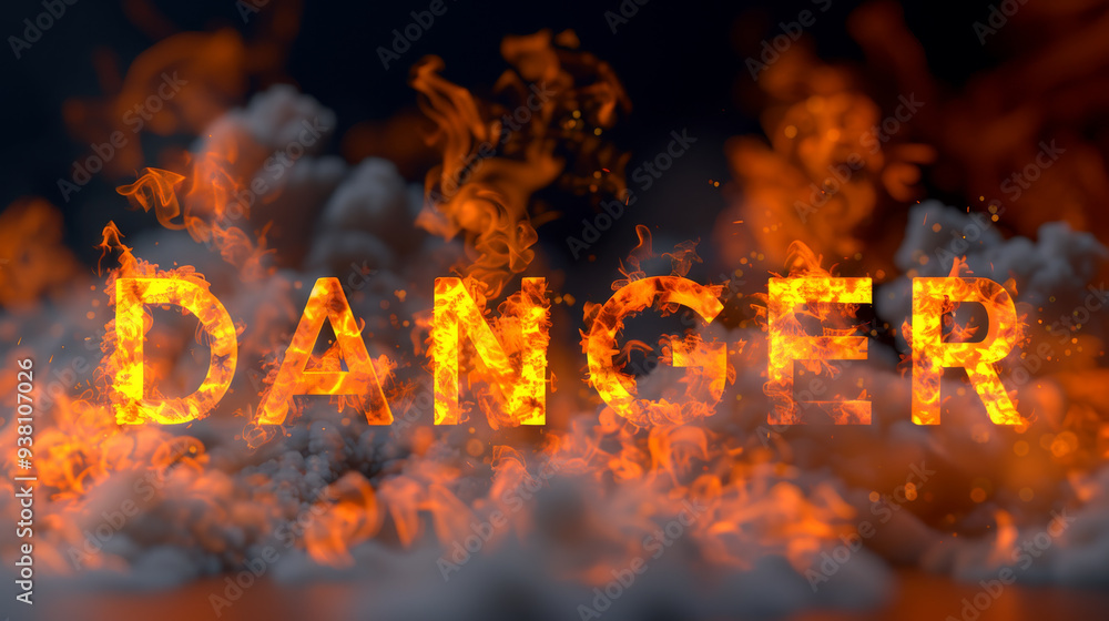 The word "DANGER" is engulfed in vivid flames, with swirling fire and ...