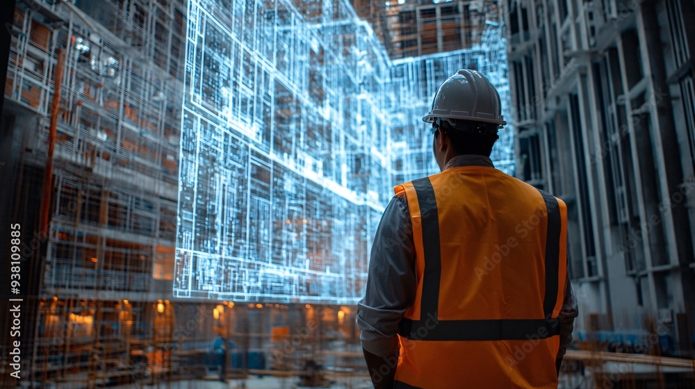 An engineer standing on a construction site reviewing a 3D holographic ...