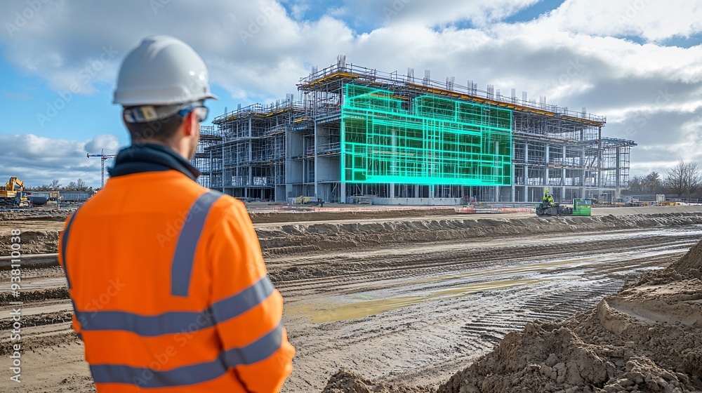 An engineer standing on a construction site reviewing a 3D holographic ...