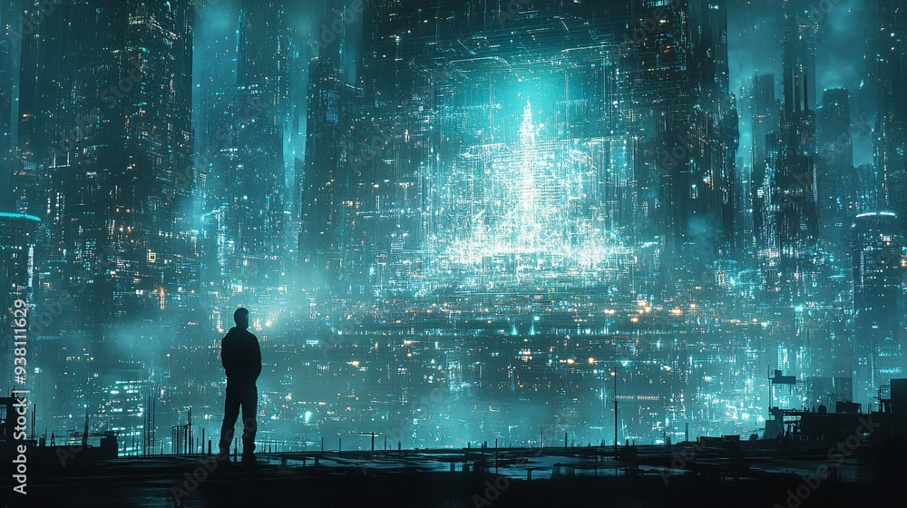 An engineer on-site adjusting a 3D holographic model of a building ...