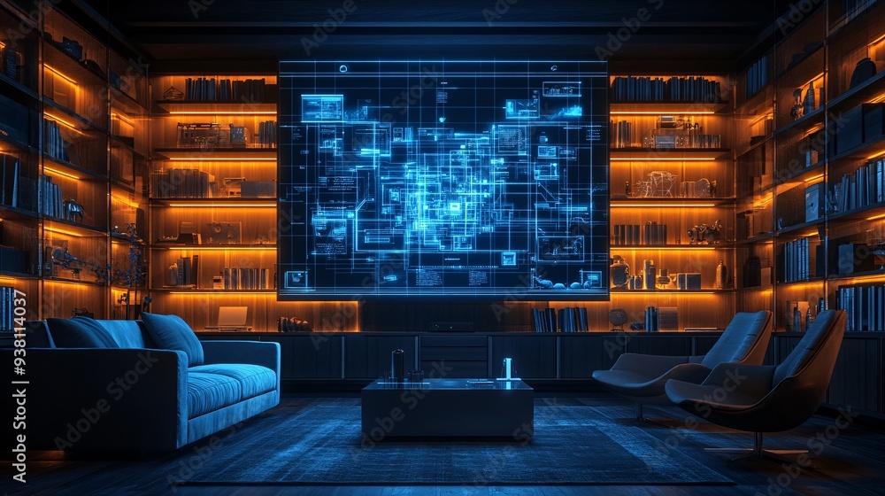 A room setup where a designer is using a 3D holographic projection to ...