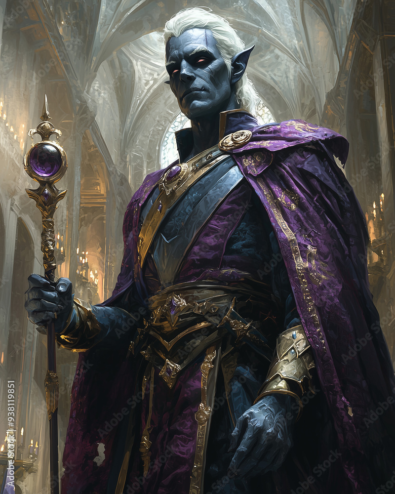a drow mage with white hair and dark armor holding a staff with a ...