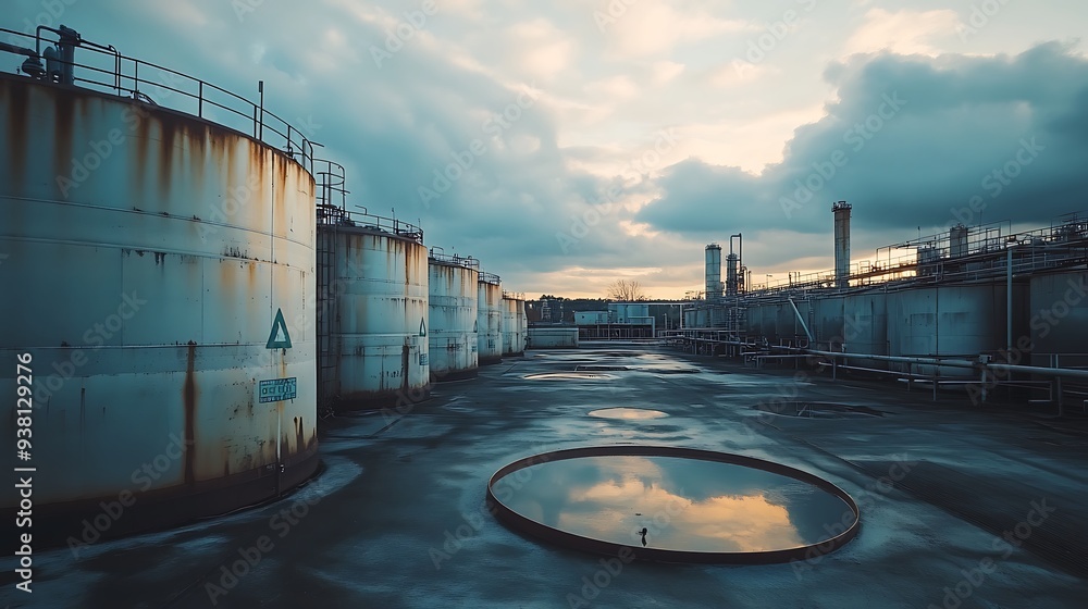Outdoor Chemical Tank Farm with Diffused Light and Expansive Industrial ...