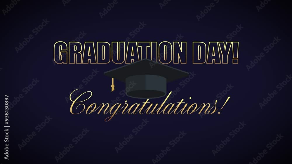 Graduation cap in the middle. „Graduation day! Congratulations ...