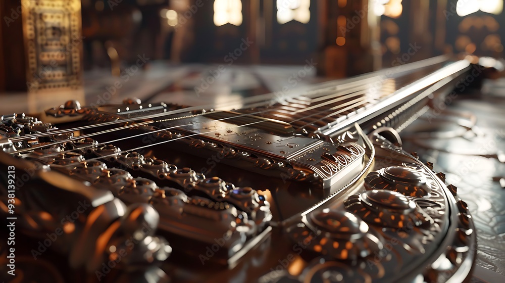 Classic sitar with ornate decorations, captured in a traditional ...