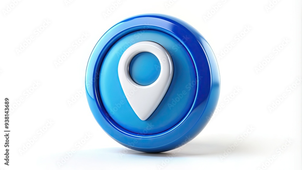 A stylized navigation icon featuring a circular logo with a blue pin ...