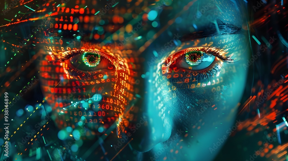 Digital portrait of a hacker with neon code projections from natural ...