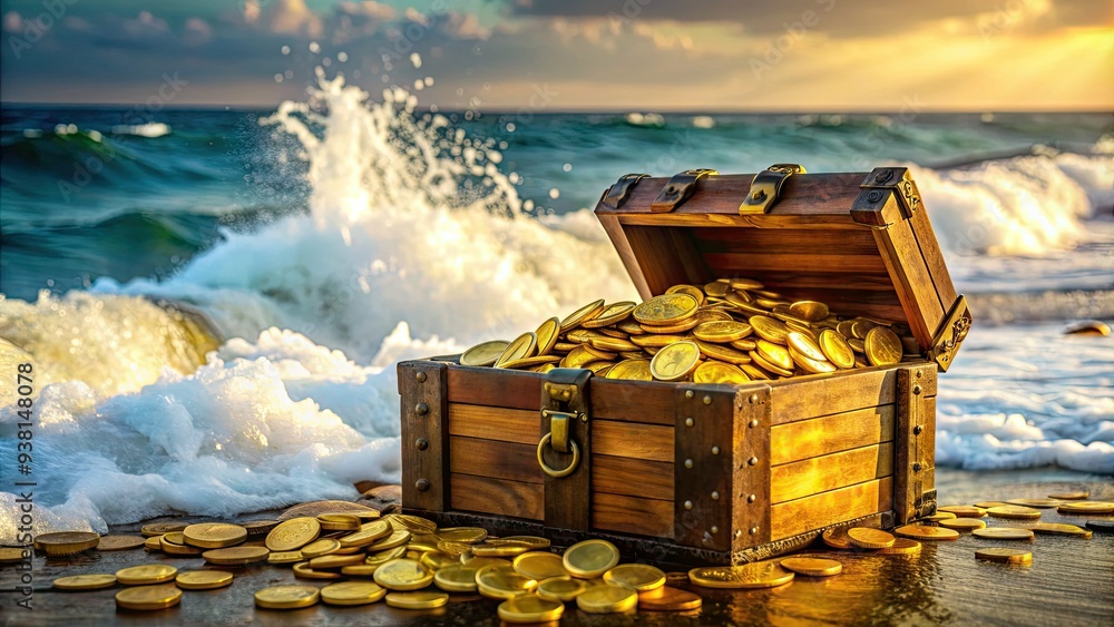 A treasure chest overflowing with gold coins and cash, set against a ...
