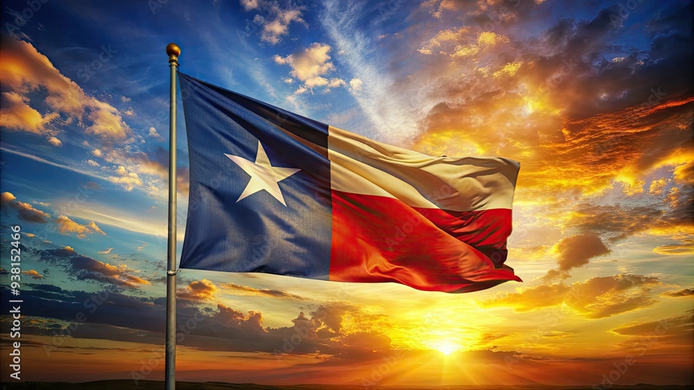 A vibrant, illustrated Texas state flag waving against a stylized ...