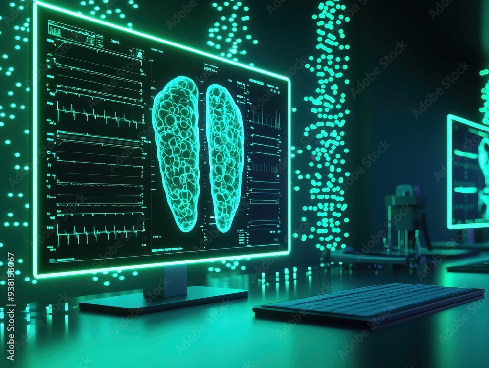 Futuristic healthcare technology showcasing digital lung analysis on a ...