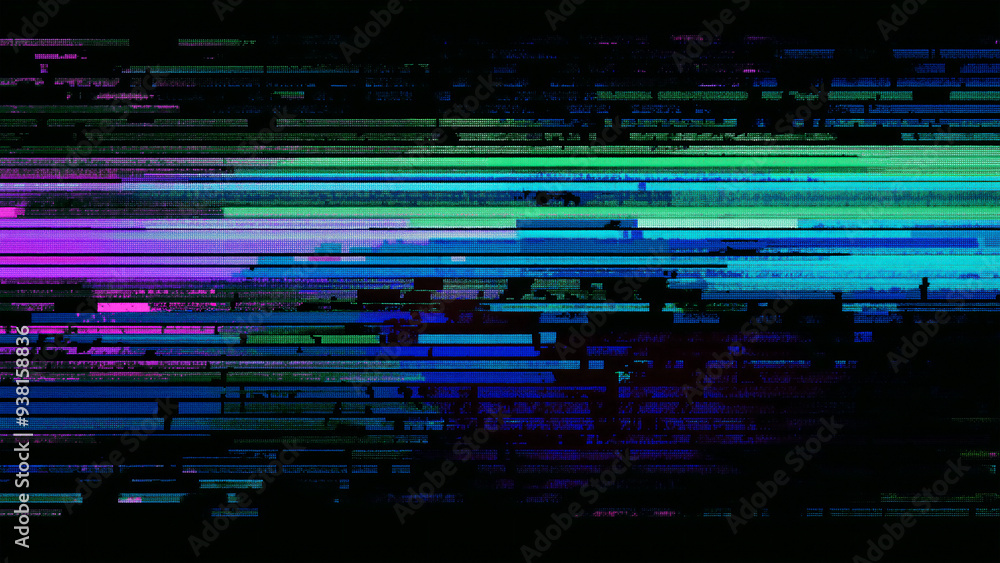 VHS glitch, static lines of code, neon color scheme, dark background ...
