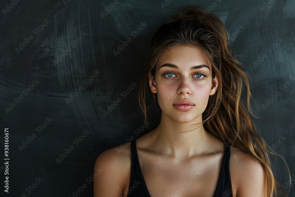 A fit and athletic woman stands confidently against a black background ...