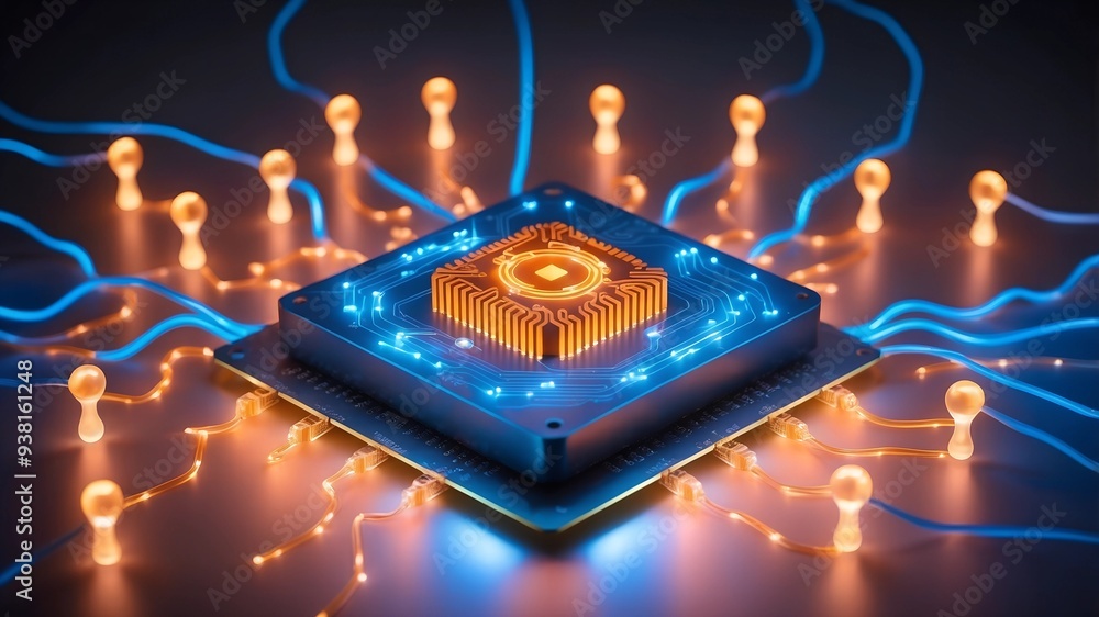 Quantum Brain: A futuristic CPU glows with radiant energy, its neural ...