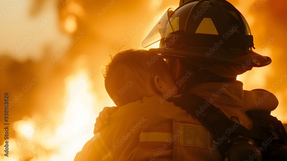 firefighter saves a scared child from a destroyed building, wearing a ...