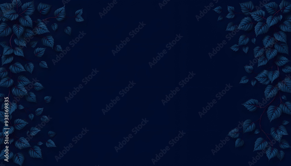 Deep blue background with dark leaves and ivy vines in elegant border ...